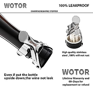 WOTOR Champagne&Wine Bottle Stoppers Stainless Steel with Food Grade Silicone, Leak Proof Keep Fresh Reusable Saver, Cork Suitable for Wine, Champagne, Cava, Prosecco and Sparkling (2 Pack Silver）