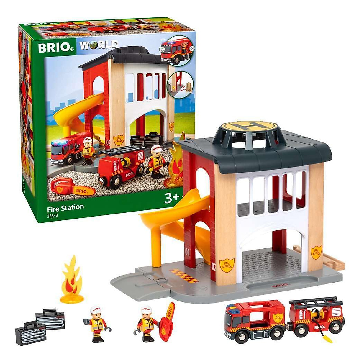BRIO 33833 World Central Fire Station - Interactive Toy Set with Fire Truck and Accessories | Light and Sound Features | Compatibility with All BRIO Railway Toys | Safety Tested | for Kids Ages 3+