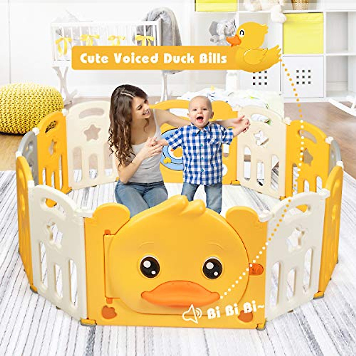 HONEY JOY Baby Play Yard, 12 Panel Psyduck Foldable Baby Gate Playpen, Anti-Slip Rubber Base & Suction, Indoor Safety Baby Fence for The House, Extra Large Anti-Fall Play Pen for Toddler