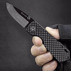 Cool Hand 5.2'' Carbon Fiber Folding Knife, 2'' Polished Black Mirror Ceramic Blade, EDC Foldable Pocket Knife, Liner Lock, 1.5 OZ Light Wight, Ambi Thumb Stud
