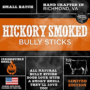 Premium Hickory Smoked 100% Natural 4 Inch Bully Sticks for Dogs - Odor Free with Smoky Aroma - No Additives, Free-Range Grass-Fed Beef, Grain-Free Rawhide-Free - Mini Bully Sticks, 10 Pack