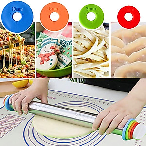 Rolling Pin, Silicone Baking Pastry Mat, Smooth Stainless Steel Roller, 4 Removable Adjustable Thickness Non Stick Rings Rolling Pins for Baking Dough, Pizza, Pie, Pastries, Pasta, Cookies, 2 Pcs