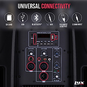 LyxPro 15 Inch PA Active Speaker System Compact and Portable with Equalizer, Bluetooth, MP3, USB, SD Card Slot, XLR, 1/4”, 3.5mm Input, Carry Handles, SPA-15