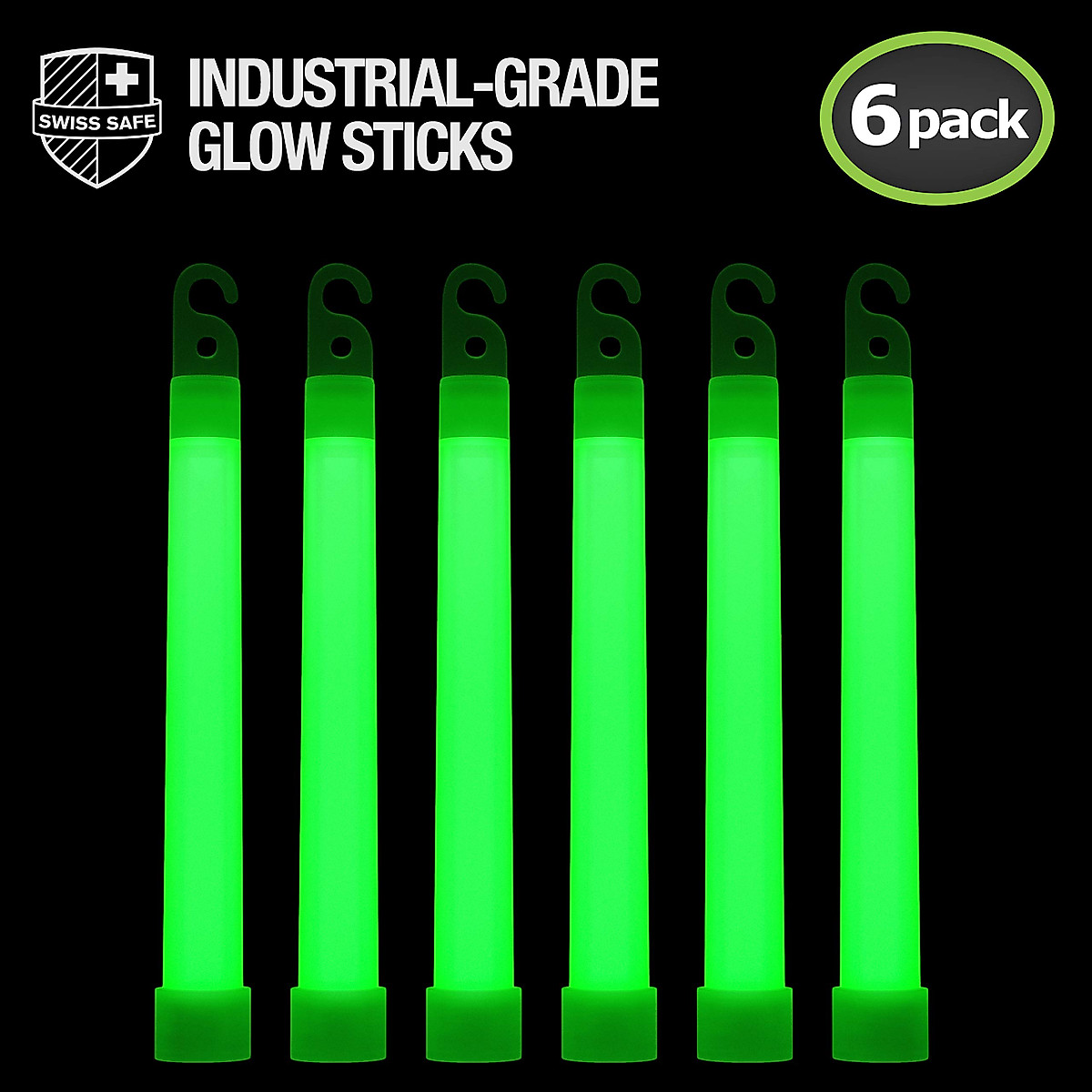 Swiss Safe Premium 6" Glow Sticks, Extra Bright, 12+ Hour Duration, Emergency Ready, Green, 6 Pack