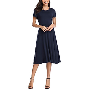 Urban CoCo Women's Vintage Short Sleeve High Waist Flared Midi Casual Summer Dress Navy Blue