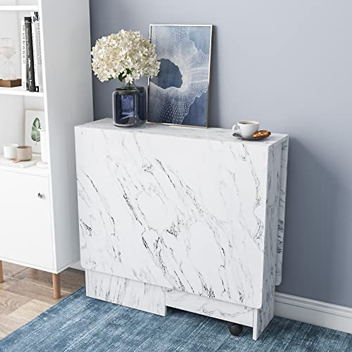 DINAZA Folding Dining Table Drop Leaf Table for Small Spaces with Storage Racks Multifunction Space Saving Table Extension Dinner Table for Kitchen Bedroom Dining Room White Marble