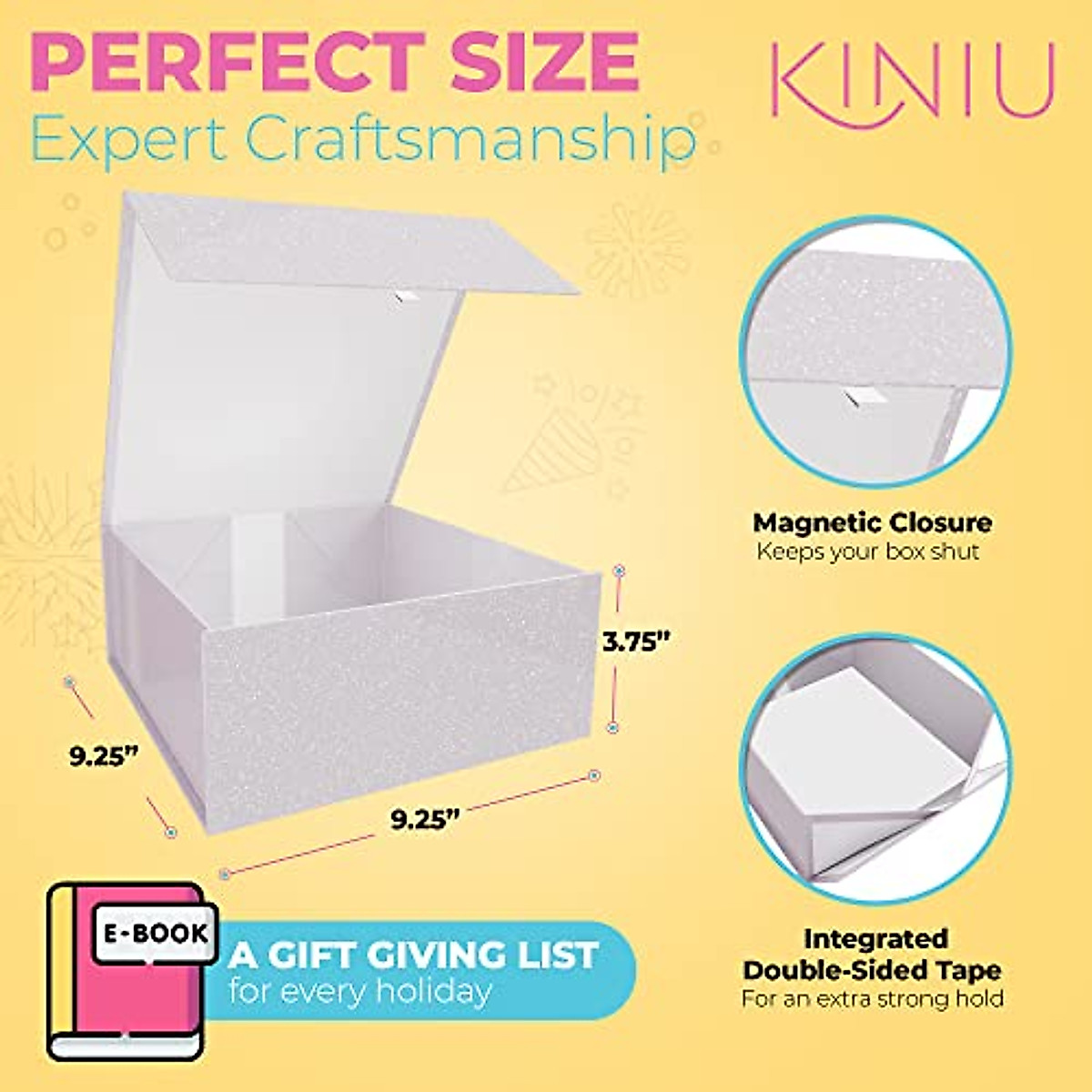 Kiniu 1 Pack Glitter Gift Boxes with Lids - Gift Boxes for Presents - Glitter Gift Box with Lid - Collapsible Magnetic Closure Box for Bridesmaid Proposal Boxes, Groomsman Box, Wedding, Birthday, Shirt Gift Box - 9.25x9.25x3.75 Inches