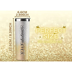 Onebttl 30th Birthday Gifts for Women, Female, Her - 30 and Fabulous - 20oz/590ml Stainless Steel Insulated Glitter Tumbler with Straw, Lid, Message Card - (Gold-Silver Gradient)