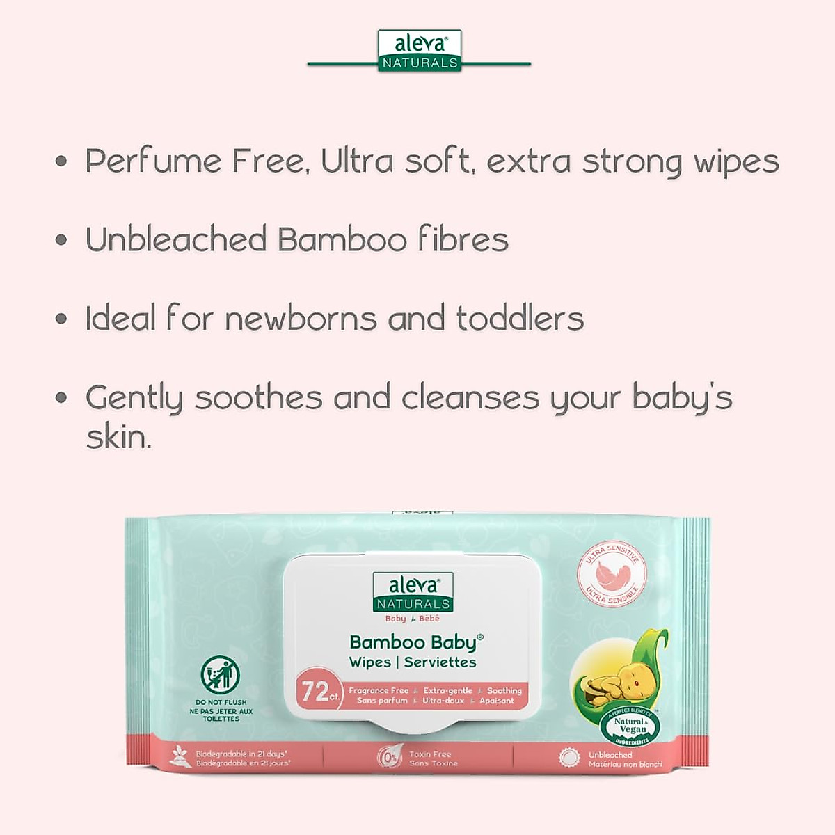 Aleva Naturals Bamboo Baby Sensitive Wipes | Unscented | Extra Strong and Ultra Soft | Natural and Organic Ingredients | Certified Vegan | 6 Packs of 72ct – Total of 432ct