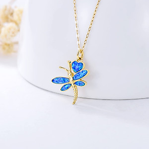 Gold Dragonfly Necklaces for Women Real 14K Yellow Gold Opal Necklaces Anniversary Birthday Jewelry Gifts for Wife Mom Friend Her 16''+2''