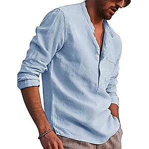 Men's Linen Button Up Dress Shirts Casual Long Sleeve Cotton Beach T Shirts Henley Solid Summer Yoga Tops (Light Blue,Medium)