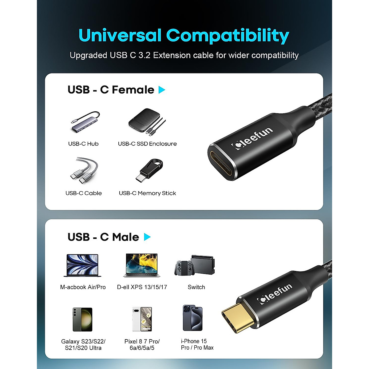 CLEEFUN 10ft USB C Extension Cable, 3.2 Male to Female, 5Gbps Data & 4K Video Sync, 100W Fast Charging for USBC Hub, Laptop, Tablet, Phone