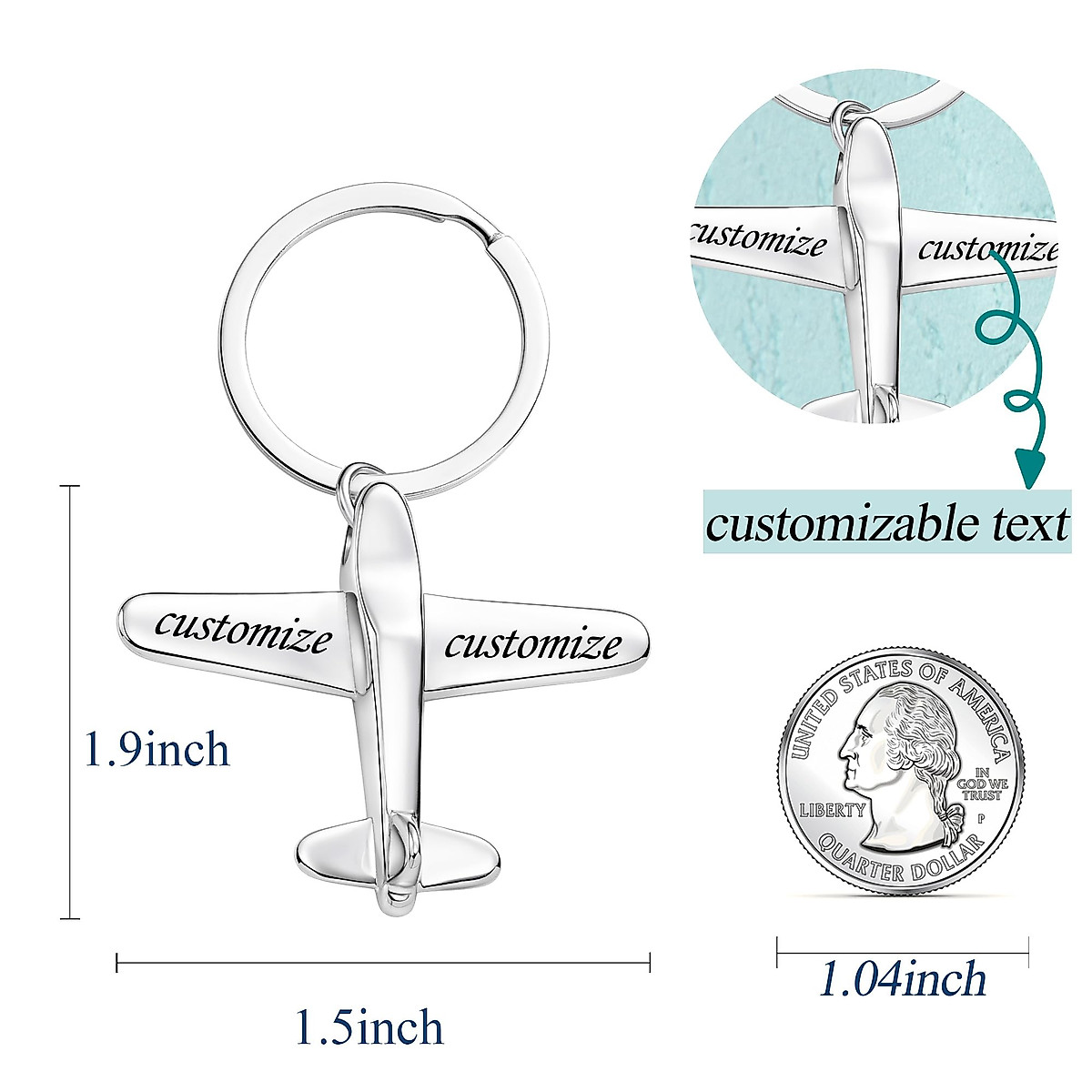 Fanery Sue Custom Airplane Keychain Personalized Key Chains 3D Engraved with Names Stainless Steel Flight Attendant Essentials Gifts for Airplant Retirement Party Travel Birthday Christmas