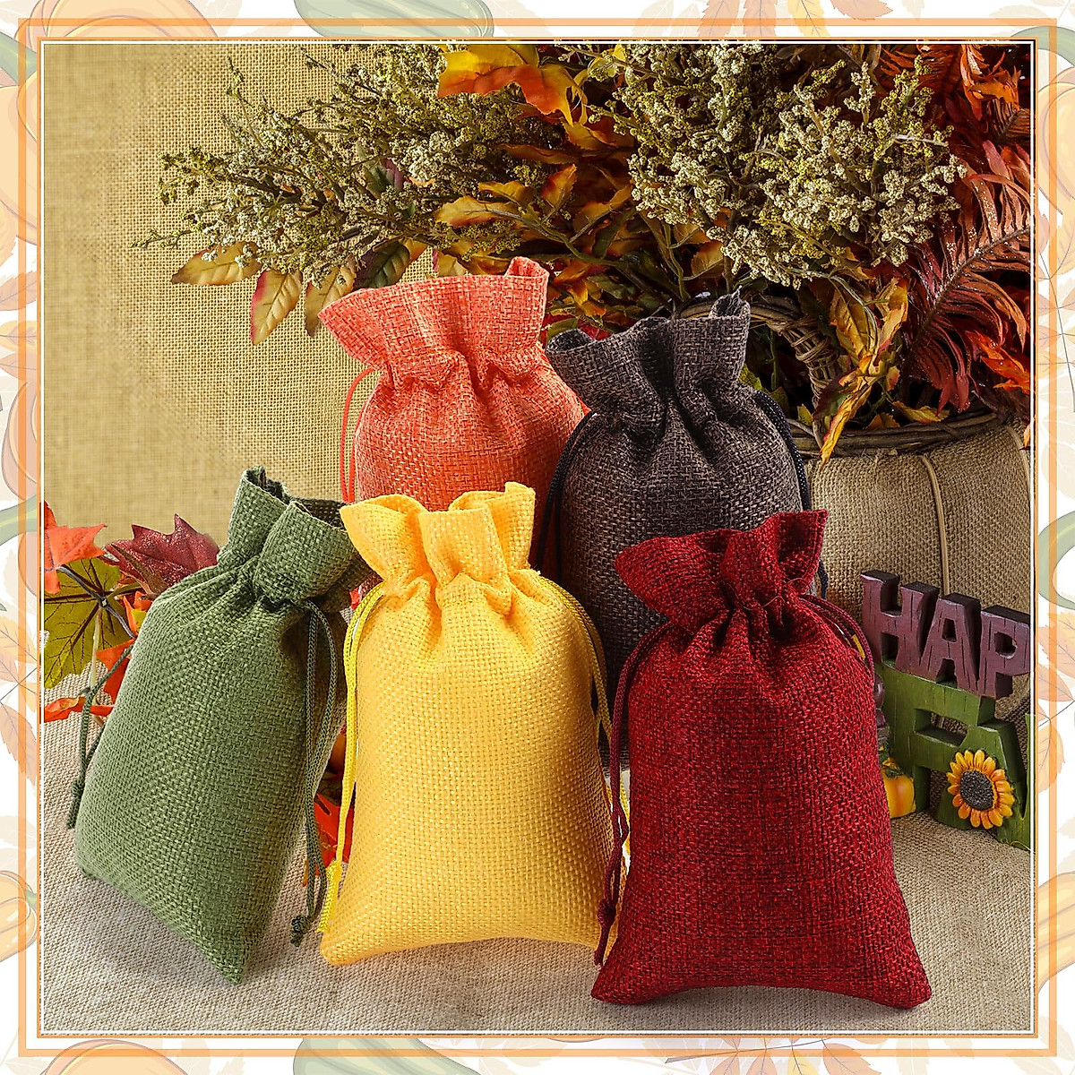 Sweetude 30 Pcs Fall Burlap Gifts Bags with Drawstring 4 x 6 Inch Autumn Goodies Bags Thanksgiving Candy Treat Gifts Bags Fall Harvest Party Favor Bags for Wedding Baby Shower Birthday Decoration