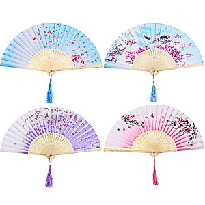 Zonon 4 Pack Handheld Floral Folding Fans Hand Held Fans Silk Bamboo Fans with Tassel Women Hollowed Hand Foldable Fan with Fabric Sleeve for Dancing Wedding Decoration Gifts(Classic)