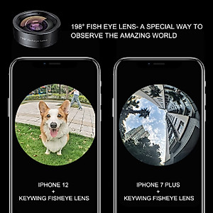 KEYWING Fisheye Lens 198° Fish Eye Phone Camera Lens Kit for iPhone Fish Bowl Camera Lens Attachments for iPhone 7 8 x xr 11 12 13 pro max Samsung Smartphone Black