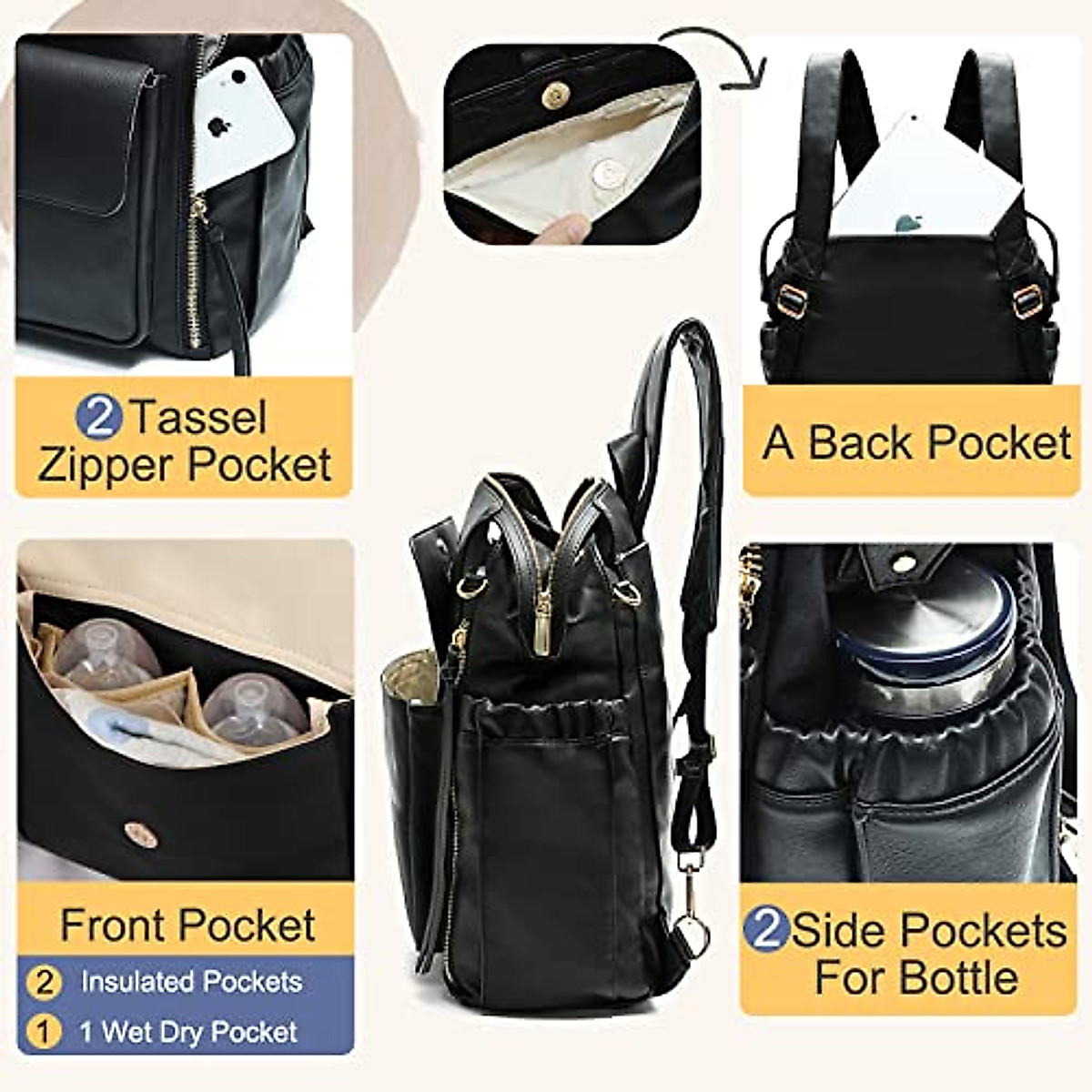 miss fong Diaper Bag Tote Leather Diaper Bag Backpack, Large Capacity Mommy Bag with Changing Pad,Mini Diaper Bag, Diaper Bag Bundle