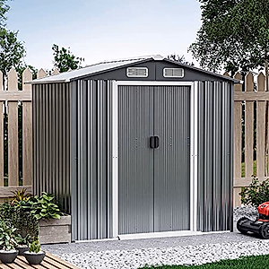 Goplus 6' x 4' Outdoor Storage Shed, Weather-Resistant Galvanized Metal Tool House w/ 4 Air Vents, Lockable Sliding Doors, Ramp, Gloves, Utility Tool Organizer for Garden, Farm, Yard