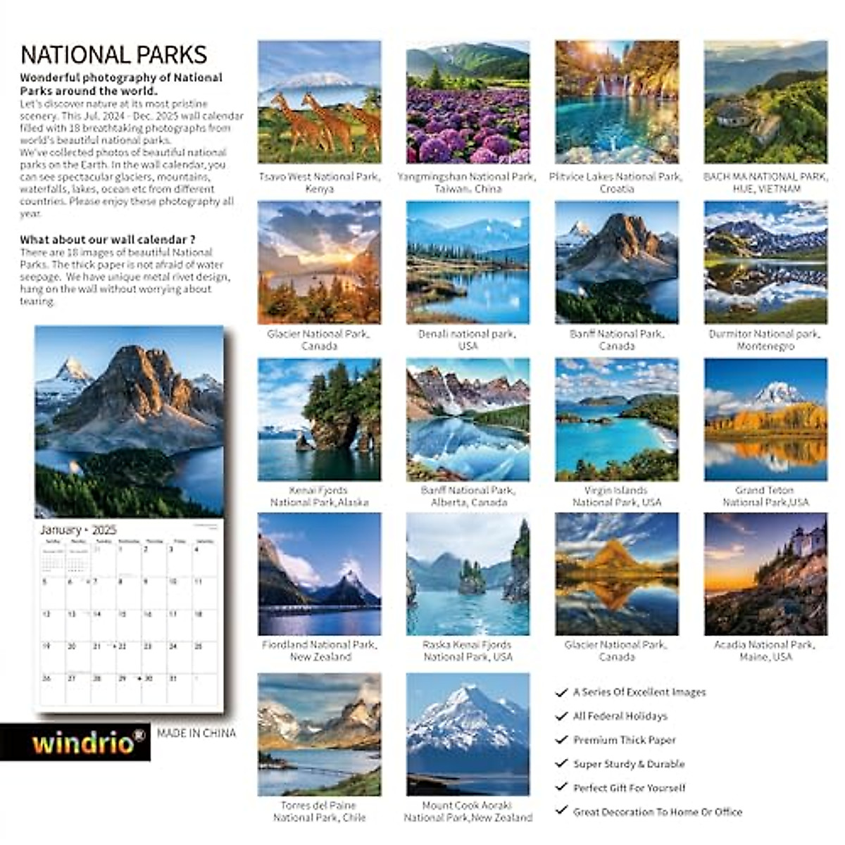 2024 Wall Calendar,Calendar 2025, 18 Months July 2024 - December 2025, Wall Calendar National Parks, 12" x 24" Opened,Full Page Months Thick & Sturdy Paper for Gift Perfect Calendar Organizing & Planning