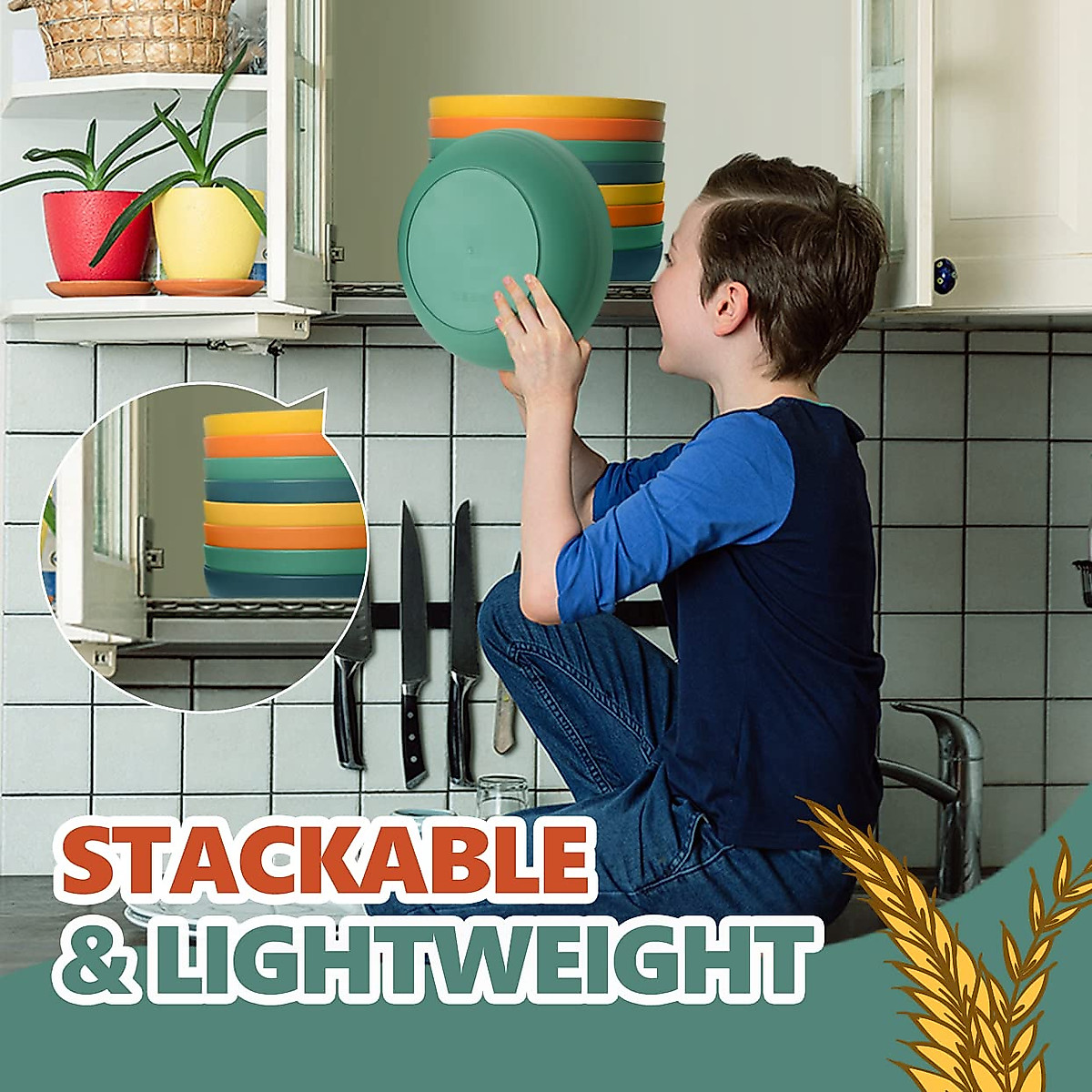 Teivio 8.4" Large Plastic Pasta Bowls Salad Bowls Reusable, 45 oz Pasta Serving Bowl Set of 8, Wheat Straw Serving Plate Bowls for Pasta, Salad, Cereal, Soup, Dishwasher Safe, Autumn Multicolor