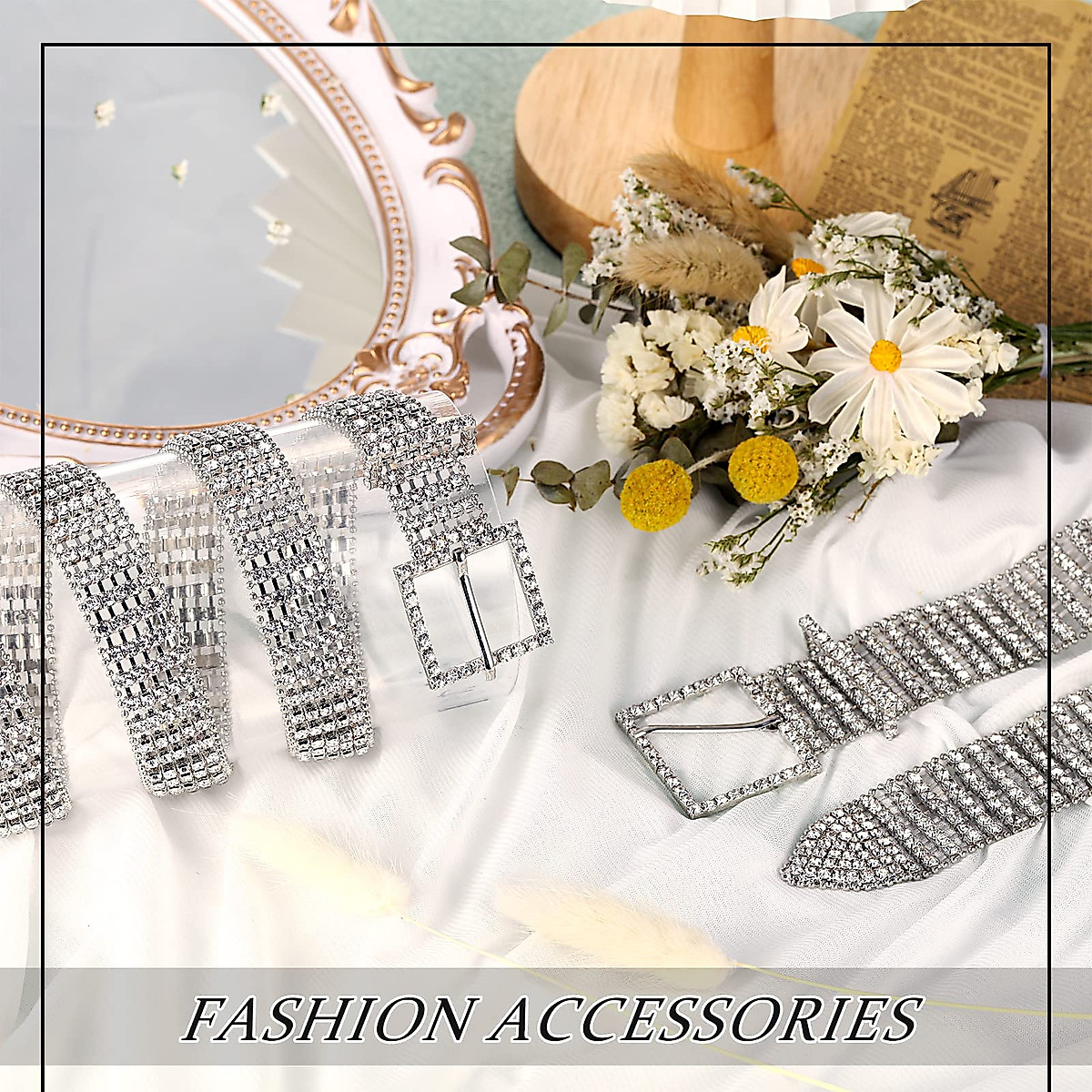 Geyoga 2 Pieces 5-8 Rows Women Rhinestone Belts Shiny Waist Belts Bling Glitter Chain Waistband for Jeans Dresses Pants (Silver)