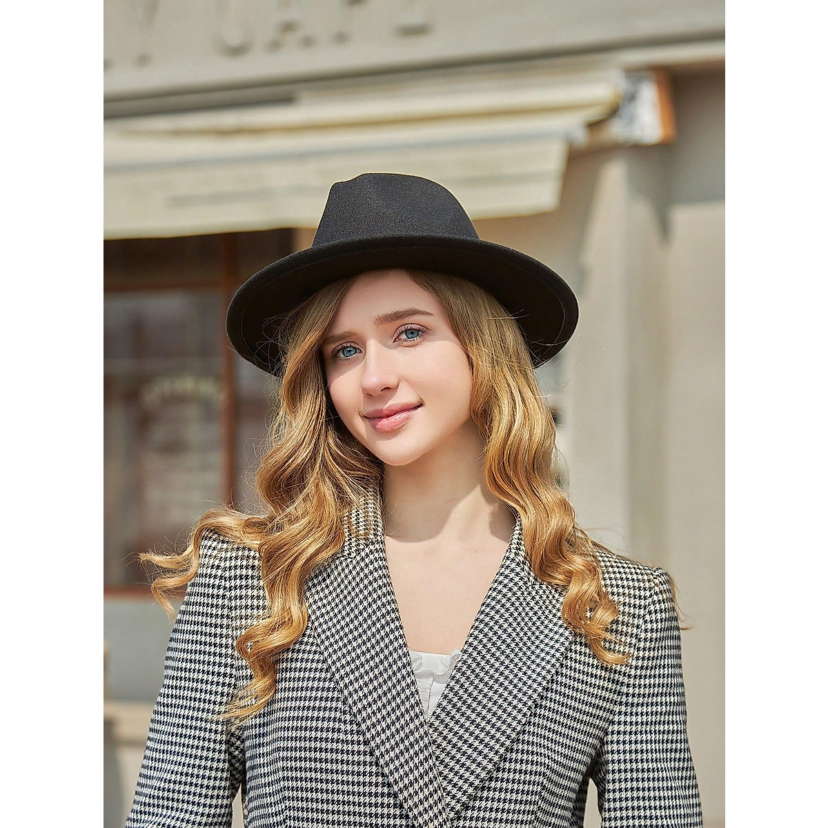 Women's Felt Panama Hats Classic Wide Brim Rancher Fedora with Belt Buckle (Black, 56-58cm/22-22.8in)