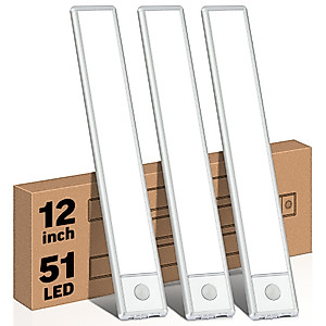 YLXS 51-LED Motion Sensor Under Cabinet Light, 12-inch Magnetic Rechargeable Under Counter Closet Lights, Wireless Night Light Bar, 3-Pack, Cool White