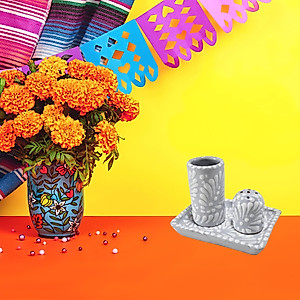 MAREY Tequilero Glass | Horse & Salt Set | Traditional Poblan Talavera Ceramic | Mixer | Handmade (Grey, Standard)