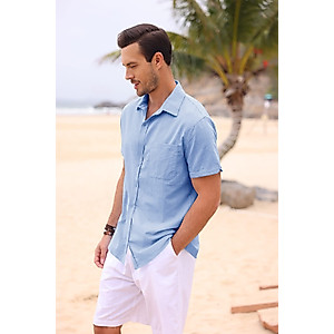 Mens Button Down Shirts Casual Short Sleeve Linen Tops Cotton Lightweight Fishing Tees Spread Collar Plain Shirt
