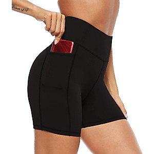 AFITNE Yoga Shorts for Women with Pockets High Waisted Printed Workout Athletic Running Shorts Biker Spandex Gym Fitness Leggings Black - M