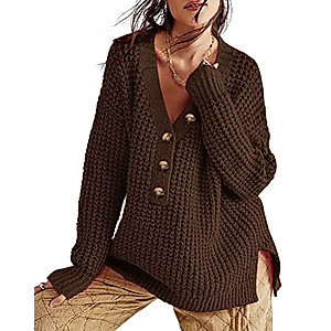 Womens V Neck Button Down Henley Sweater Long Sleeve Knit Pullover Sweaters Casual Side Slit Solid Color Jumper Tops