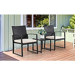 Shintenchi 3 Pieces Outdoor Patio Furniture Set, Modern Wicker Bistro Set, Conversation Rattan Chair of 2 with Coffee Table for Yard Porch Poolside Lawn(Beige Cushion)