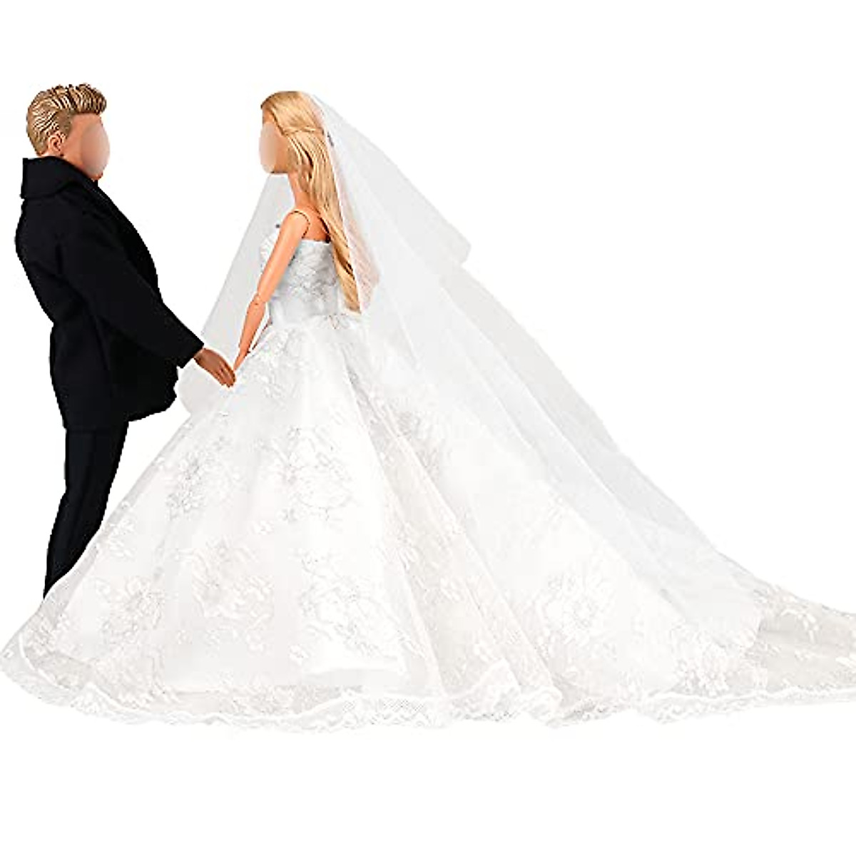 BARWA Wedding Set White Wedding Dress with Veil and Formal Suit Outfit for Boy & Girl Dolls