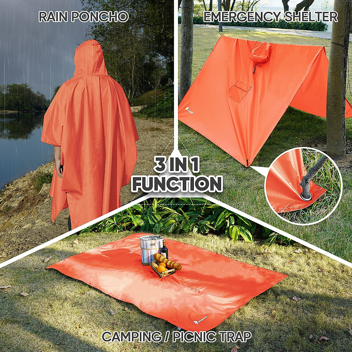 PTEROMY Hooded Rain Poncho for Adult with Pocket, Waterproof Lightweight Unisex Raincoat for Hiking Camping Emergency (Orange)