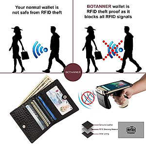 BOTANNER Genuine Leather Womens Wallet RFID Blocking Slim Compact 6 Credit Card Slots 1 ID Window Bills Sections Zipped Section for Coins Secure Button Closure Gift Boxed Red