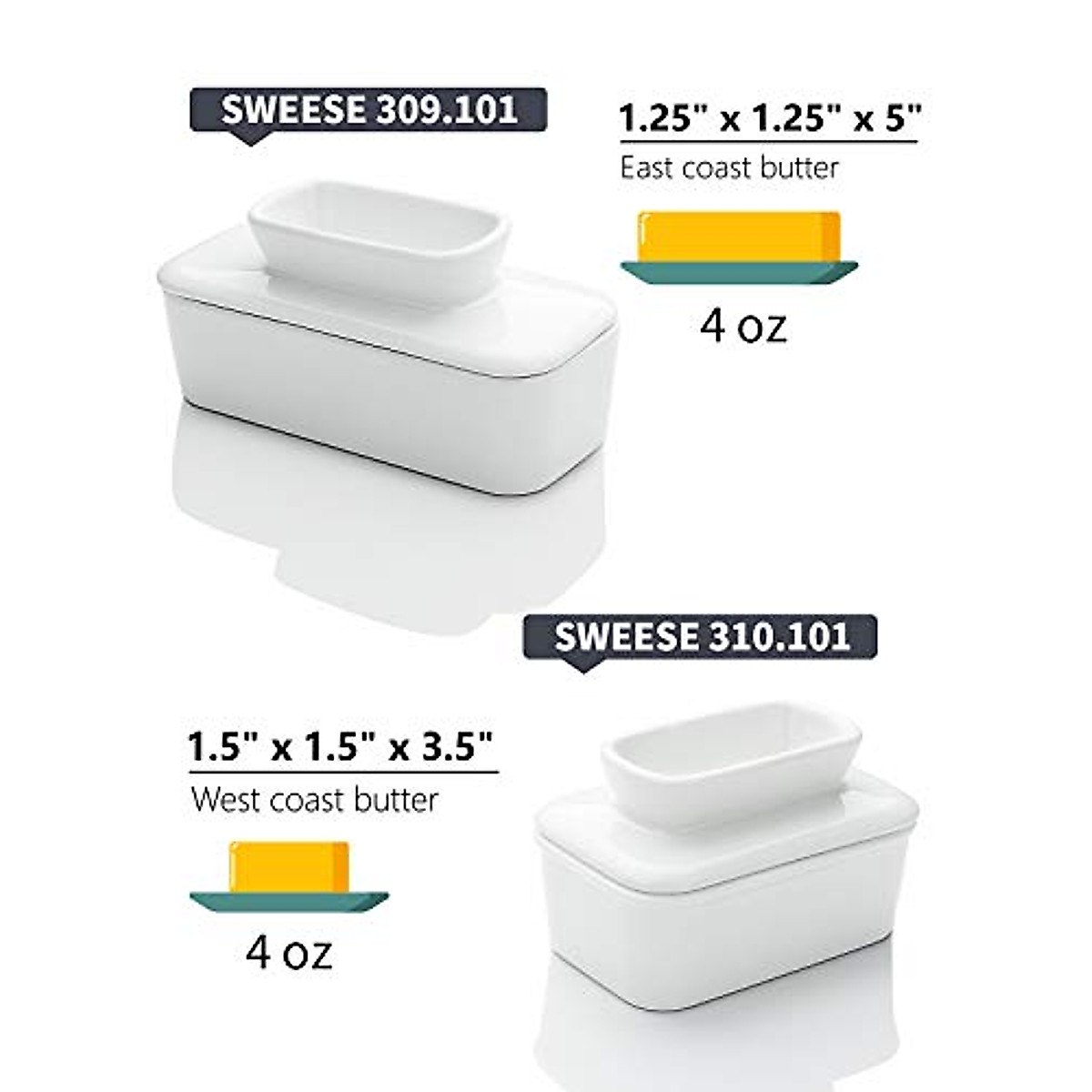Sweese 310.101 Porcelain Butter Dish with Water - French Butter Keeper Crock - Perfect for West Coast Butter - Spreadable without Refrigeration, White