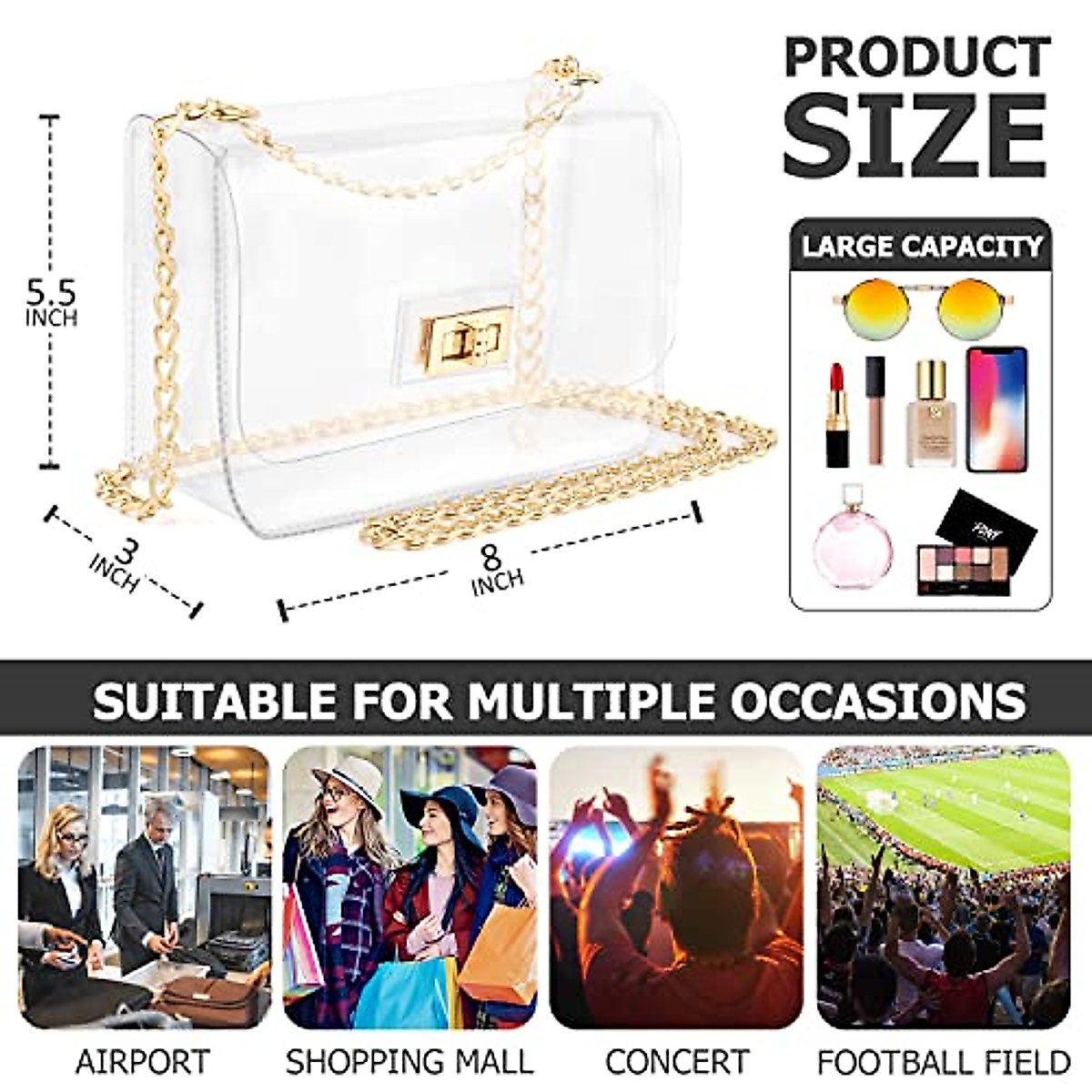 Clear Purse for Women, Clear Crossbody Bag Stadium Approved Gift for Women Concert Sport (Gold)