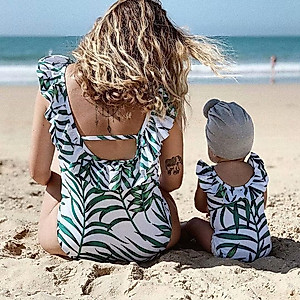 IFFEI Mommy and Me Swimsuit One Piece Leaves Printed Ruffle V Neck Bathing Suits Family Matching Swimwear Green Women: M