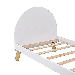 OPTOUGH Twin Size Wooden Cute Platform Bed with Curved Headboard,Bed Frame with Slat Supports and Shelf Behind Headboard for Kids Boys Girls,White