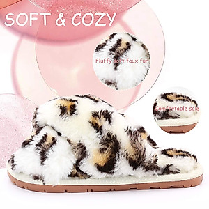 ISZPLUSH Girl's Fluffy Slippers Kids' Fuzzy Slippers Slide Sandals Leopard Tie Dye Cross Band Plush Open Toe Slip on House Bedroom Slippers (12.5-13.5 Little Kids, White Leopard, numeric_12_point_5)