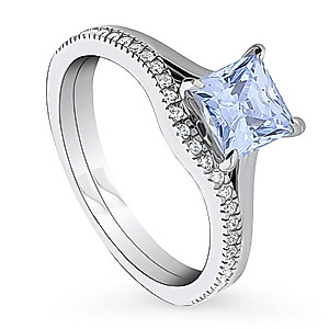 BERRICLE Sterling Silver Solitaire Wedding Engagement Rings 1.2 Carat Greyish Blue Princess Cut Cubic Zirconia CZ Ring Set for Women, Rhodium Plated Size 4