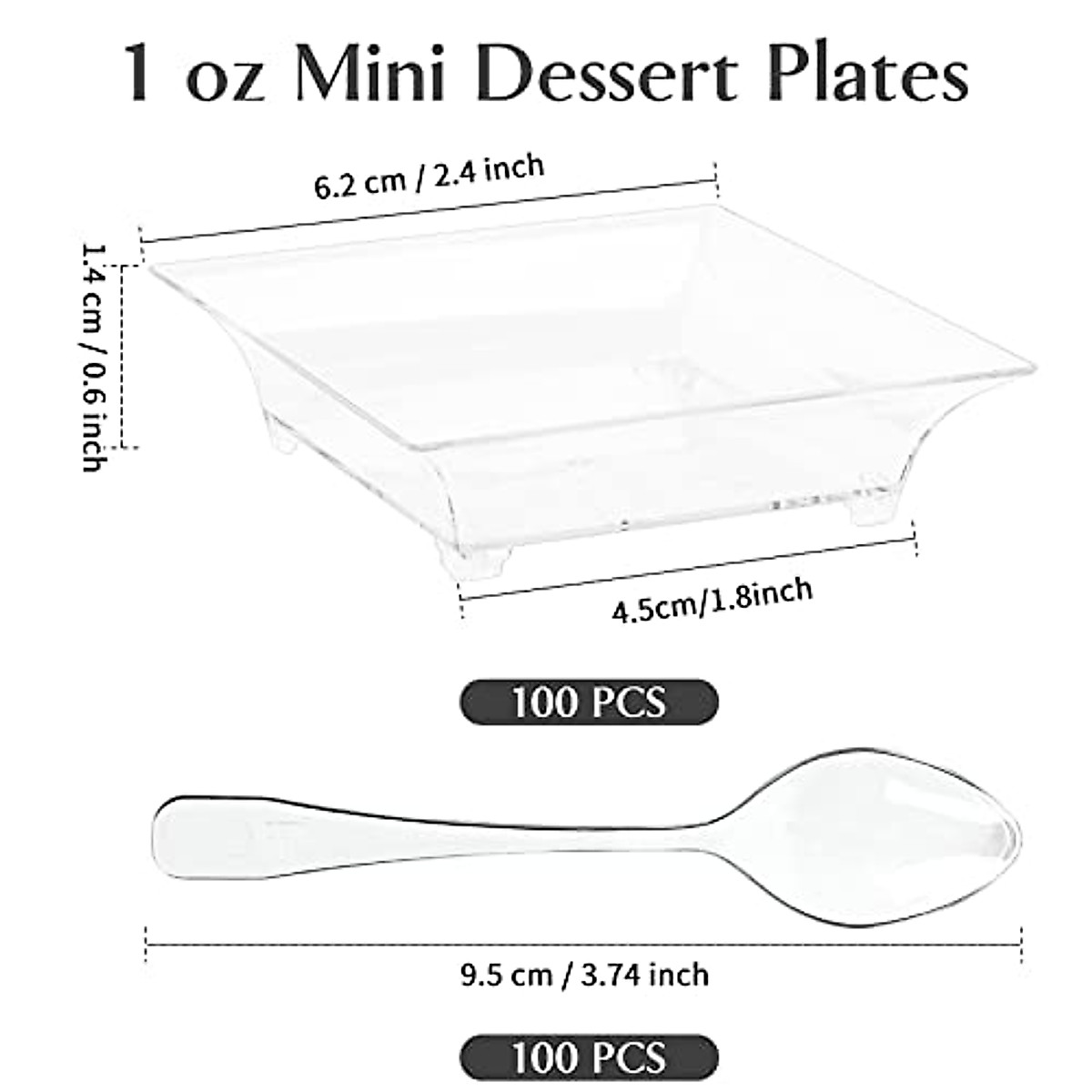 Zezzxu 100 Pack 1 oz Mini Dessert Plates with Spoons Reusable Plastic Appetizer Trays Square Small Party Serving Bowls for Trifle, Cheesecake, Chocolate Truffles, Ice cream