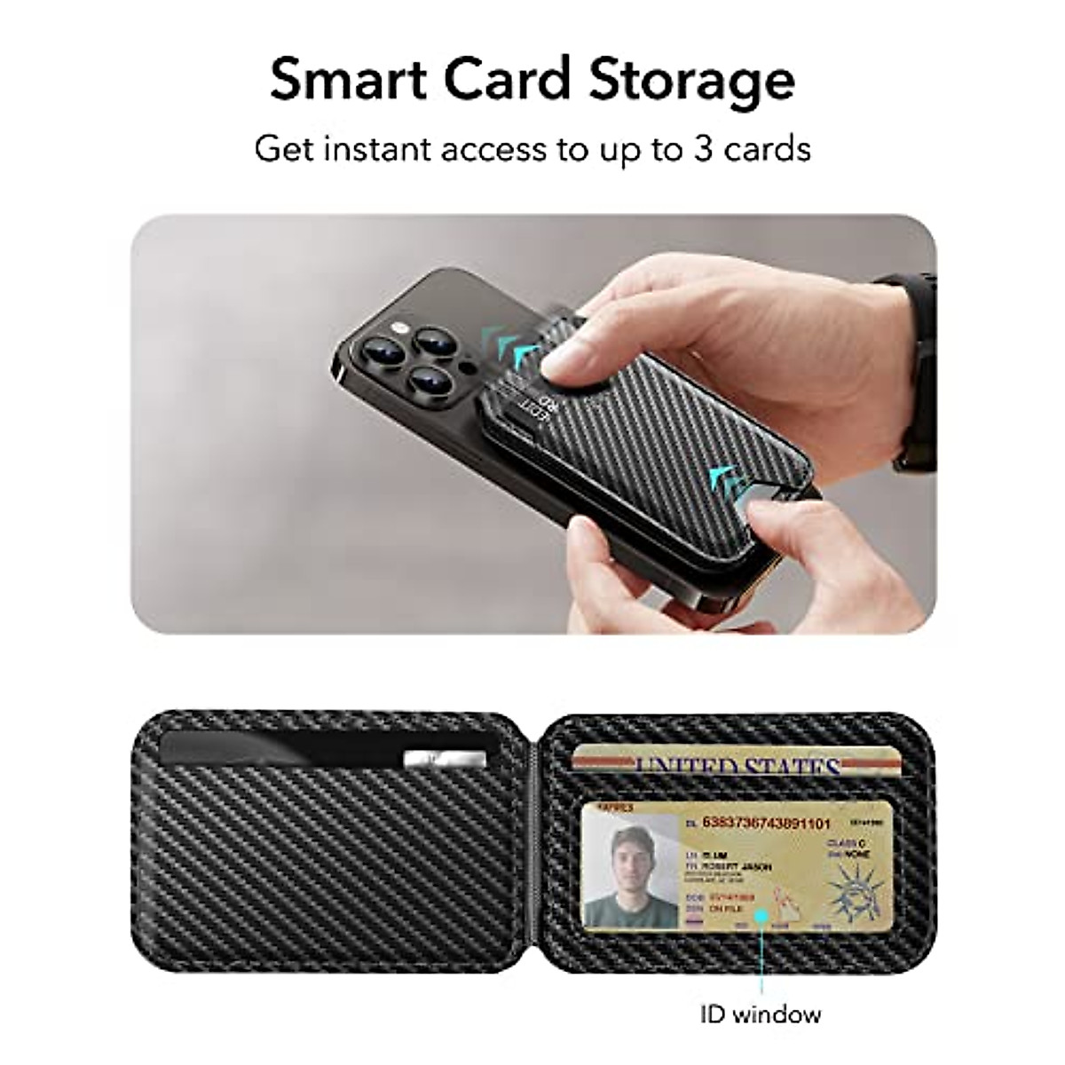 ESR Magnetic Wallet (HaloLock), Compatible with MagSafe Wallet, iPhone Wallet with Adjustable Stand for iPhone 15/14/13/12, Not for iPhone 13/12 Mini, 3 Card Holder, Vegan Leather, Black Carbon Fiber
