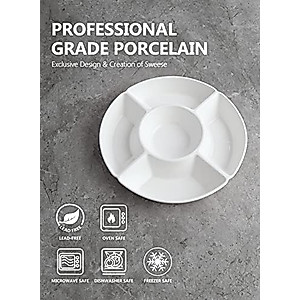 Sweese 712.101 Chip & Dip Serving Set, Porcelain Divided Serving Platter, Relish Tray, Perfect for Chips and Dip, Veggies, Candy and Snacks, White