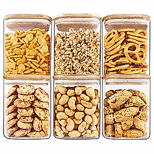 Glass Jars with Bamboo Lids, Square Glass Jar with airtight lids of 6 pack of 28oz, Square glass storage jars with airtight lids, Glass Food Storage Containers with airtight lids, Glass Panty Jars