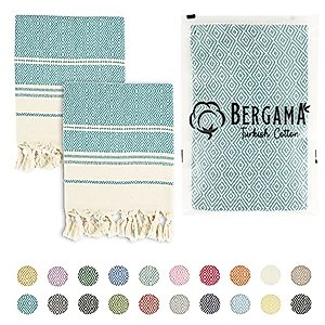Bergama Turkish Cotton Hand Towels for Bathroom, Set of 2 |0 Cotton, 18x36 Inches, Farmhouse Decorative Boho Gift for Face, Hand, Hair, Bath Decor, Tea, Gym, Yoga, Dish & Kitchen (Aqua Blue)