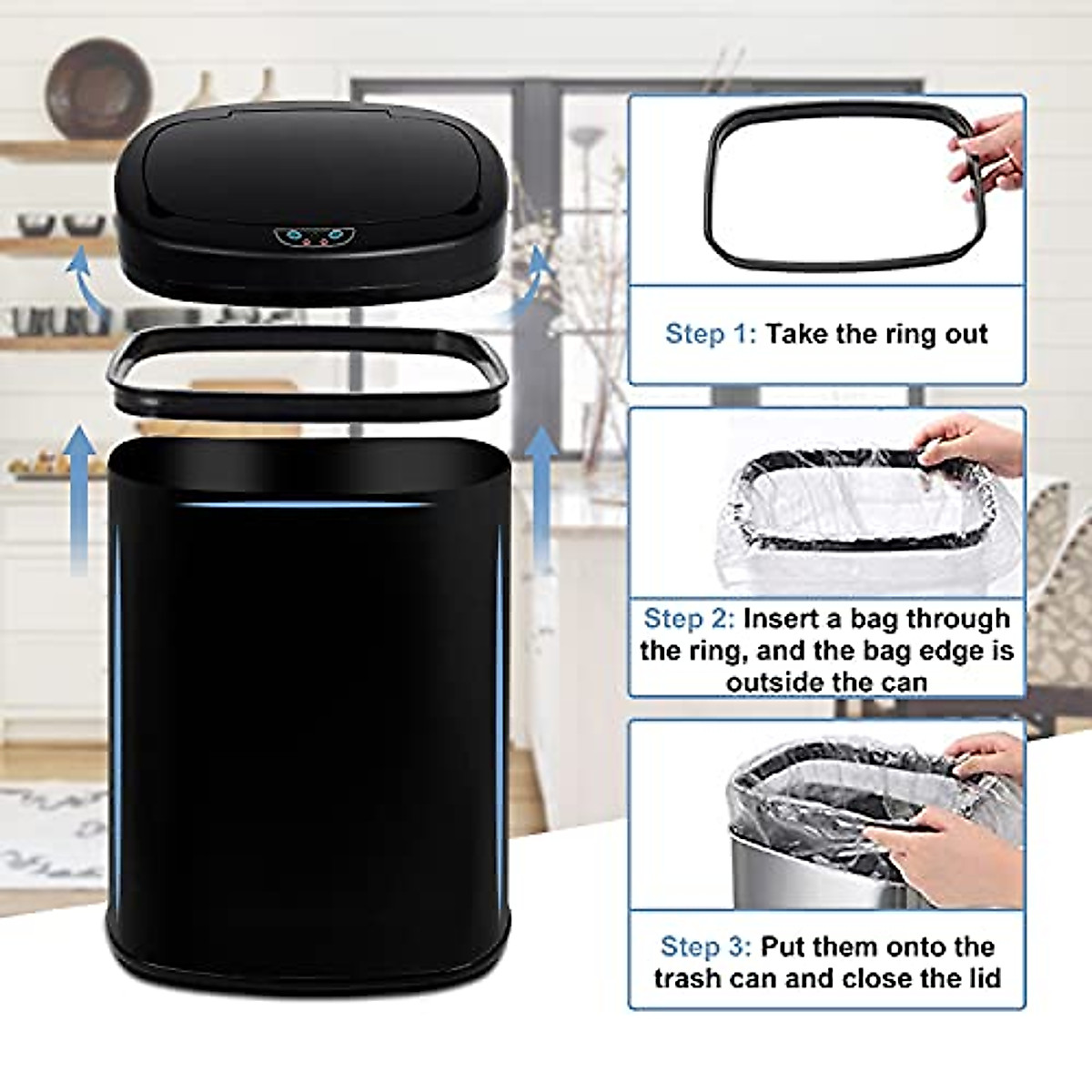 R/E Automatic Sensor Trash Can Kitchen Trash Can 13 Gallon Garbage Can High-Capacity Touch Free Waste Bin Stainless Steel Trash Can with Lid for Kitchen Office Bathroom Bedroom,Black