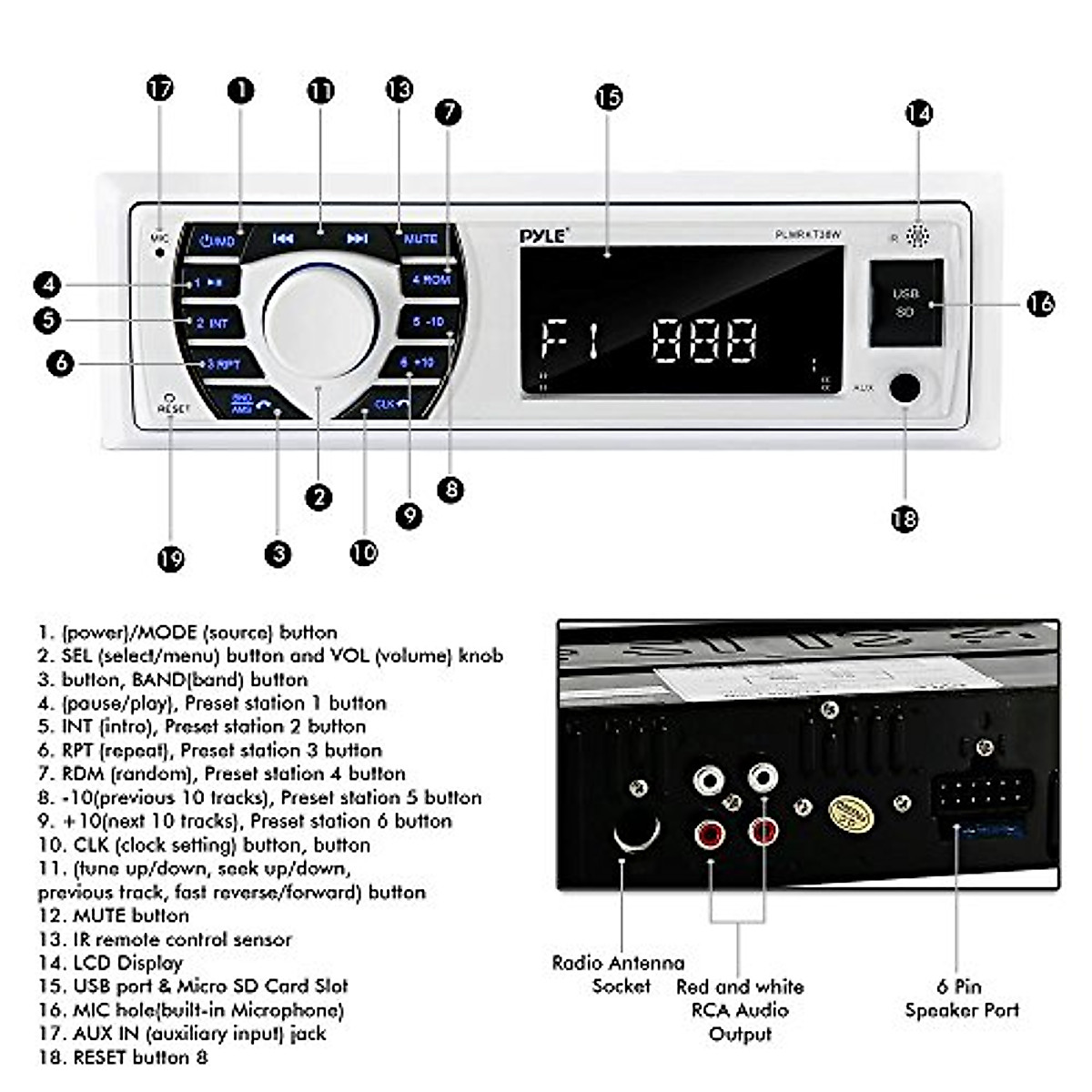 Marine Radio Receiver Speaker Set 12v Single Din Style Bluetooth Compatible Waterproof Digital Boat in Dash Console System (White) & Water Resistant Marine Stereo Cover - Pyle PLMRCW2,White