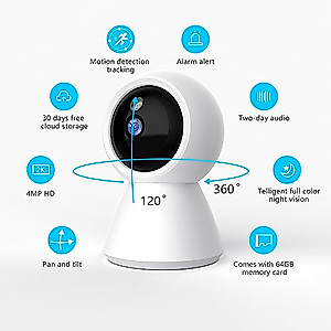 4MP Indoor Security Camera Pet with Phone App 2K 5GHz & 2.4GHz 360°Wireless WiFi Cameras for Baby/Elder/Dog/Pet Motion Detection Audible Alarm Easy Installation Compatible Alexa 1Pcs 64GB SD