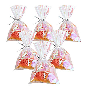 QTOP Cellophane Treat Bags,Iridescent Holographic Goodie Bags, Clear Cello Bags with Twist Ties for Birthday Party Favors, Valentines, Easter, Weddings，Halloween，Christmas (4x6 inches(pack of 100))